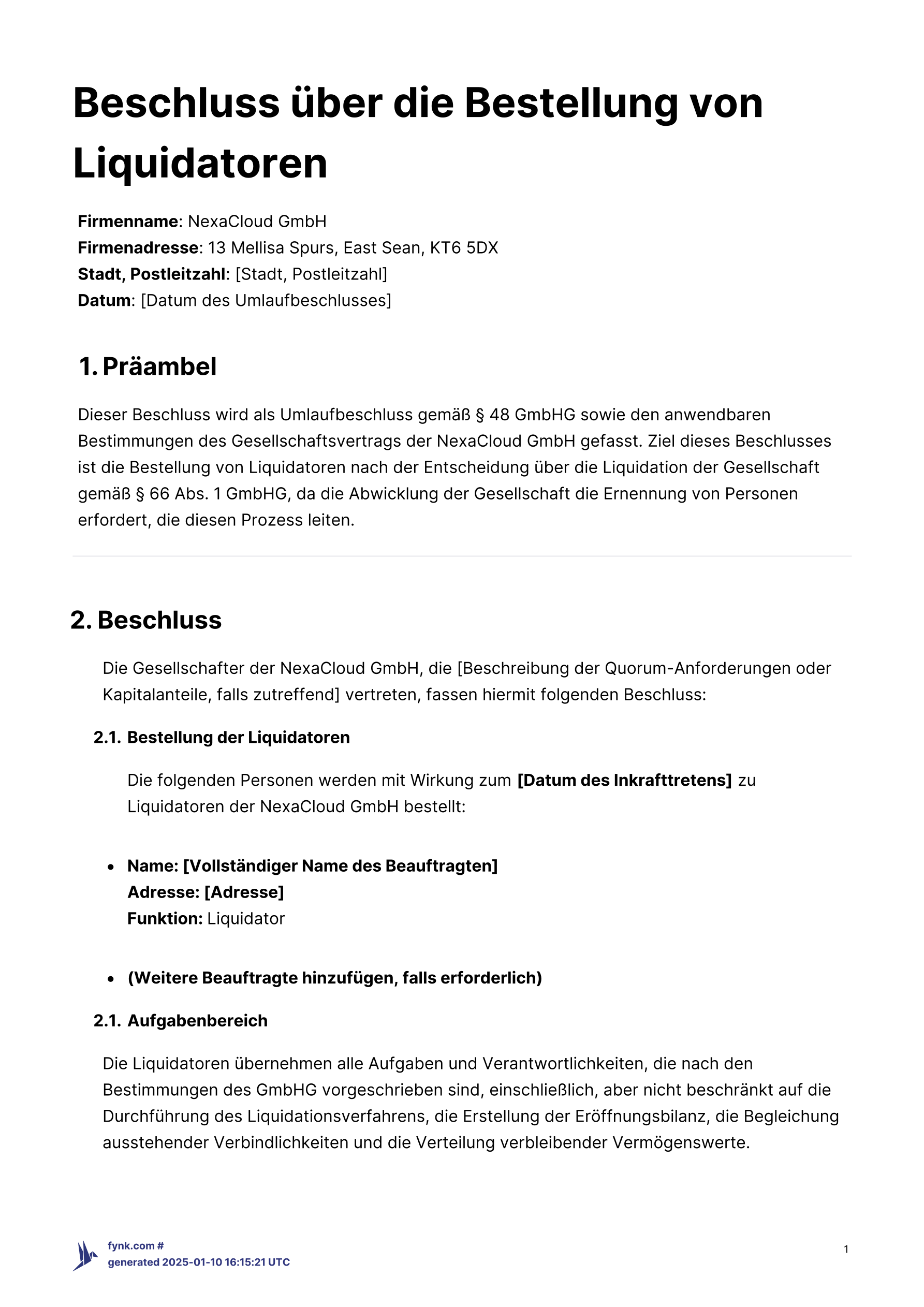 Umlaufbeschluss zur Auflösung einer GmbH - Vorlage | fynk