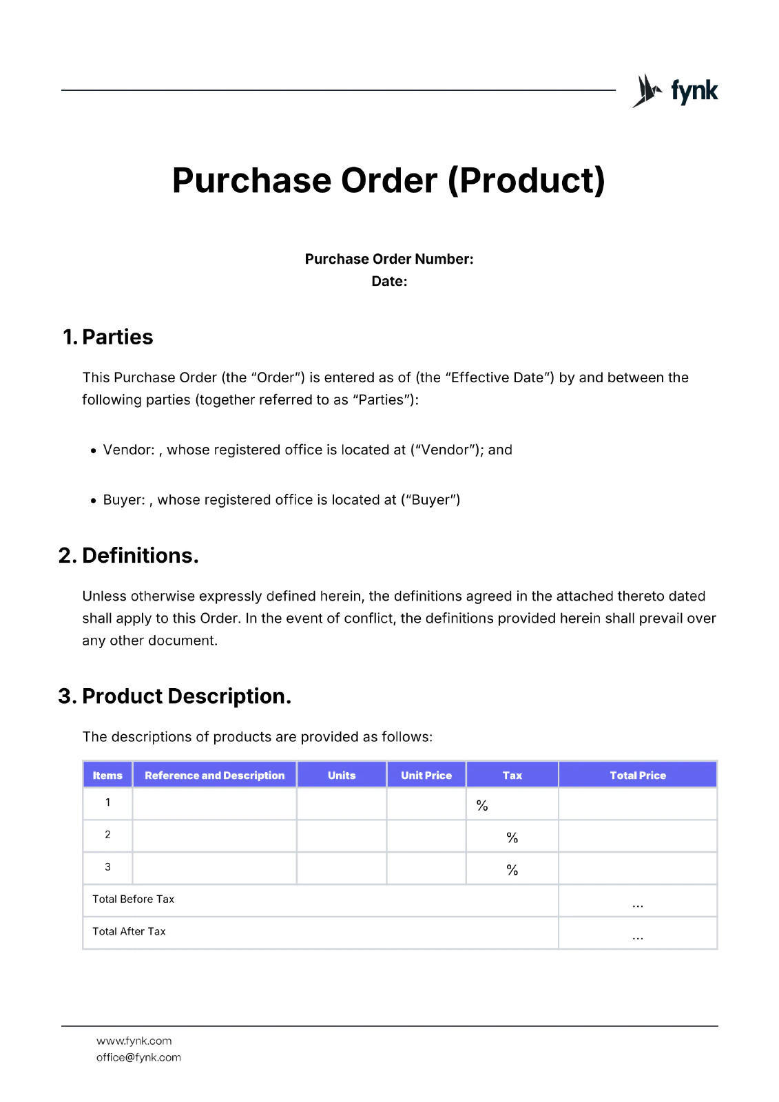purchase order description